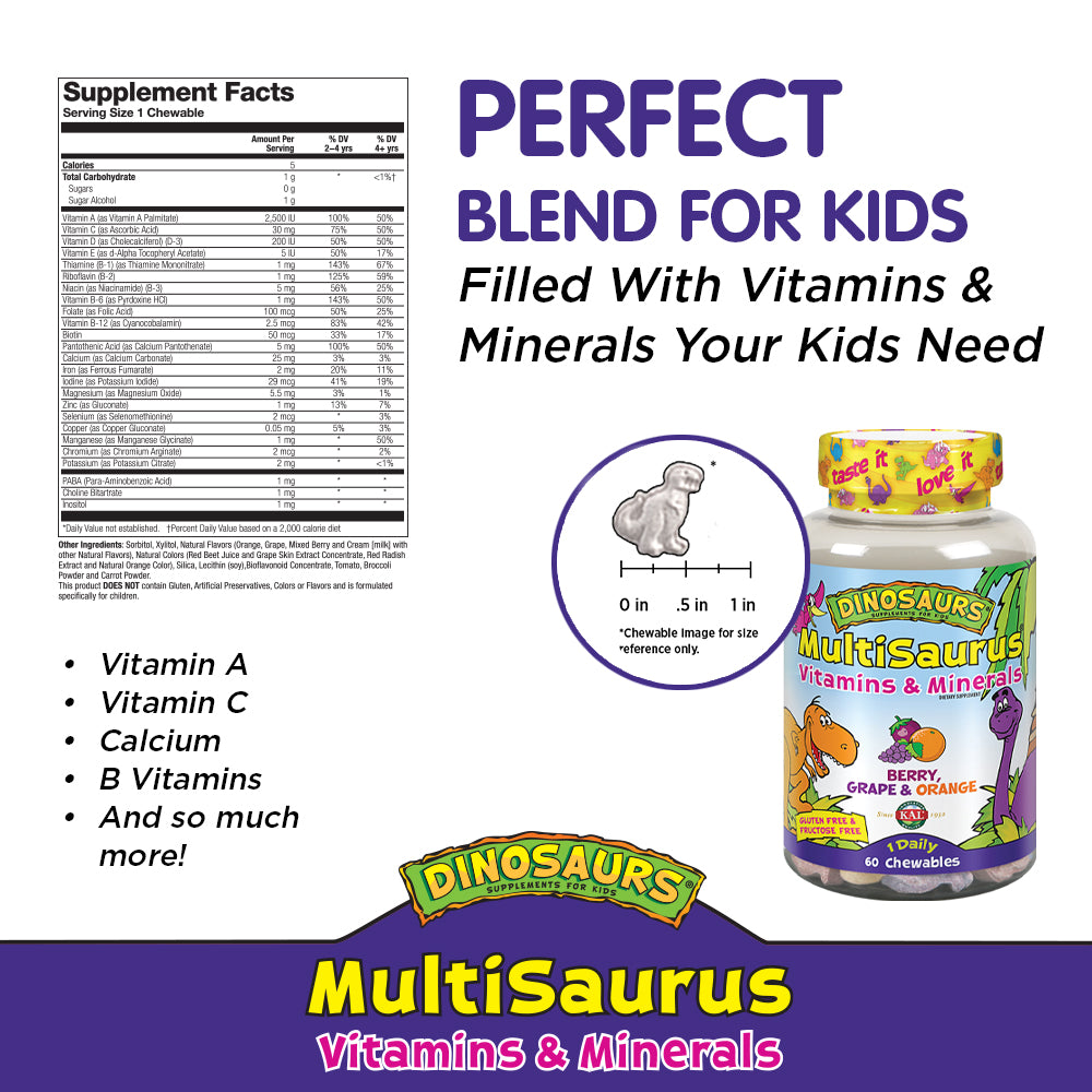 KAL Kids MultiSaurus Vitamins & Minerals | Berry, Grape & Orange Flavo ...